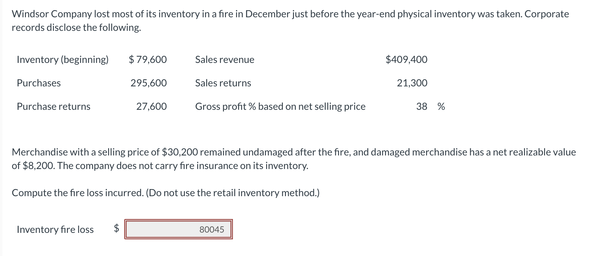 Solved Windsor Company lost most of its inventory in a fire | Chegg.com
