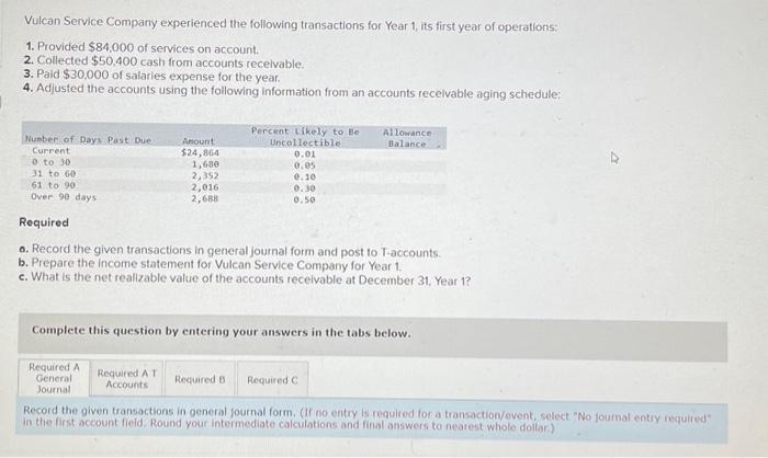 Solved Vulcan Service Company experienced the following | Chegg.com