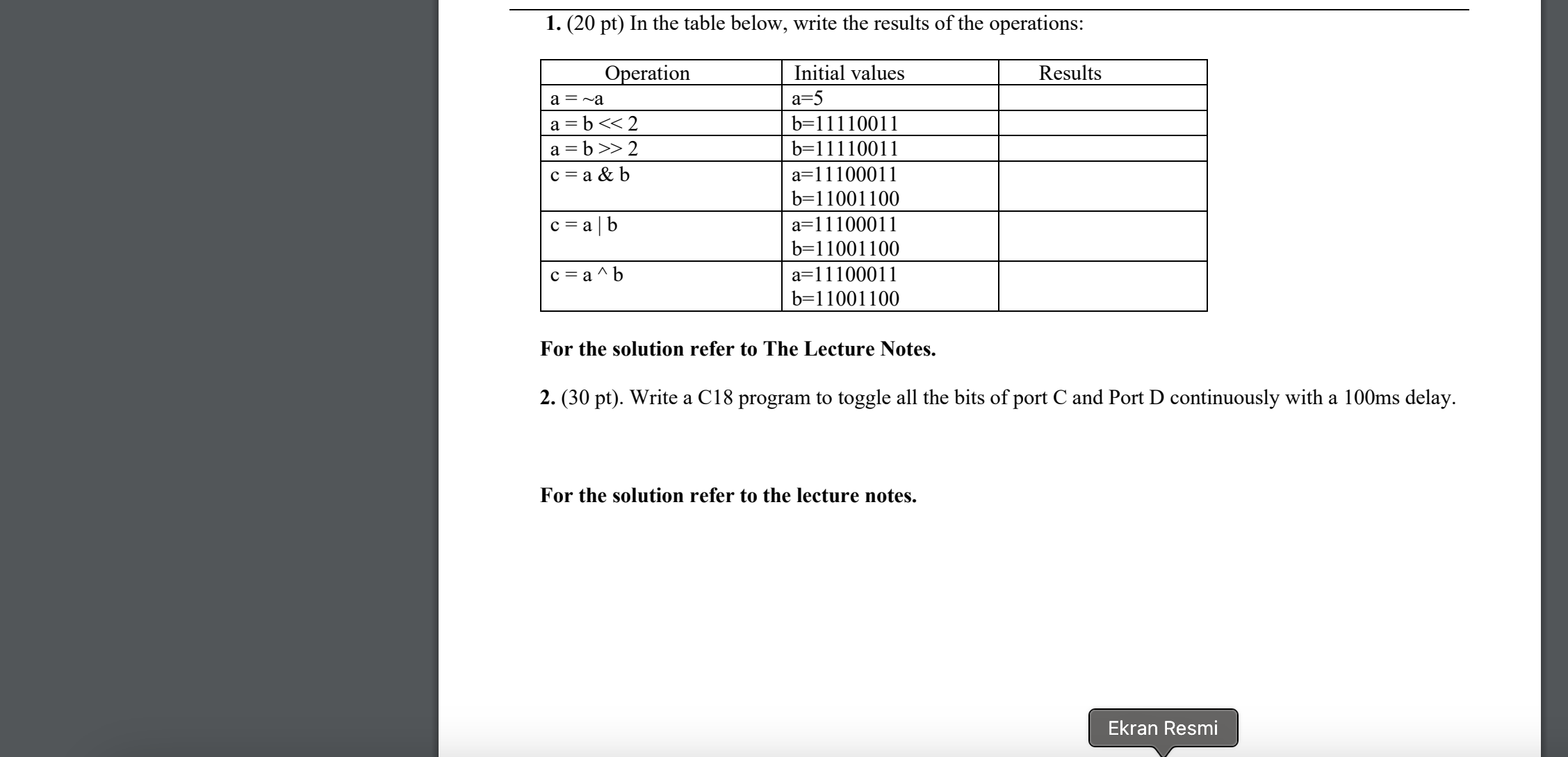 Solved (20pt) ﻿In the table below, write the results of the | Chegg.com