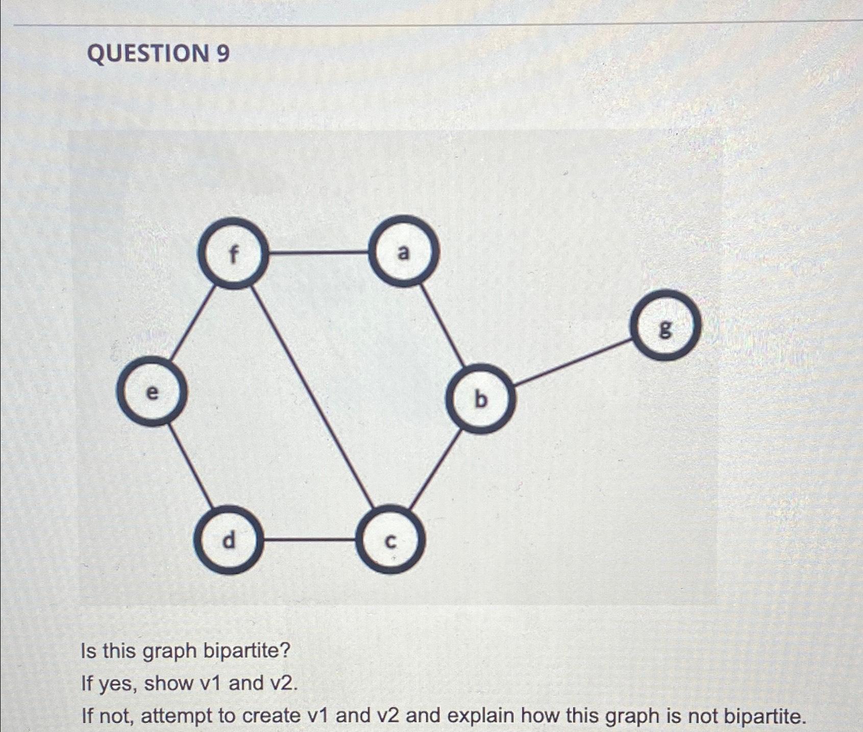 Solved QUESTION 9Is this graph bipartite?If yes, show v1 | Chegg.com