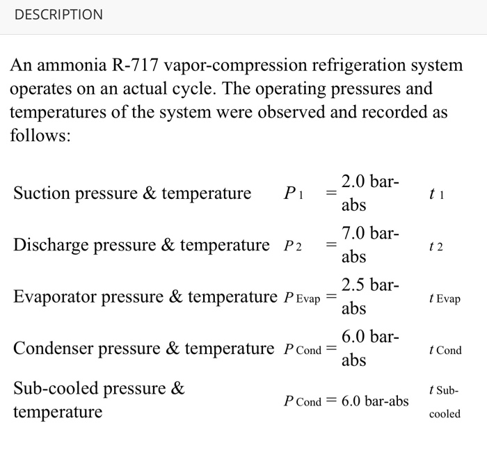 Solved DESCRIPTION An ammonia R-717 vapor-compression | Chegg.com
