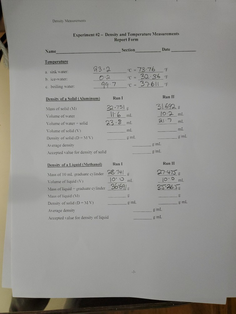 Solved Density Measurements Experiment #2 - Density and | Chegg.com