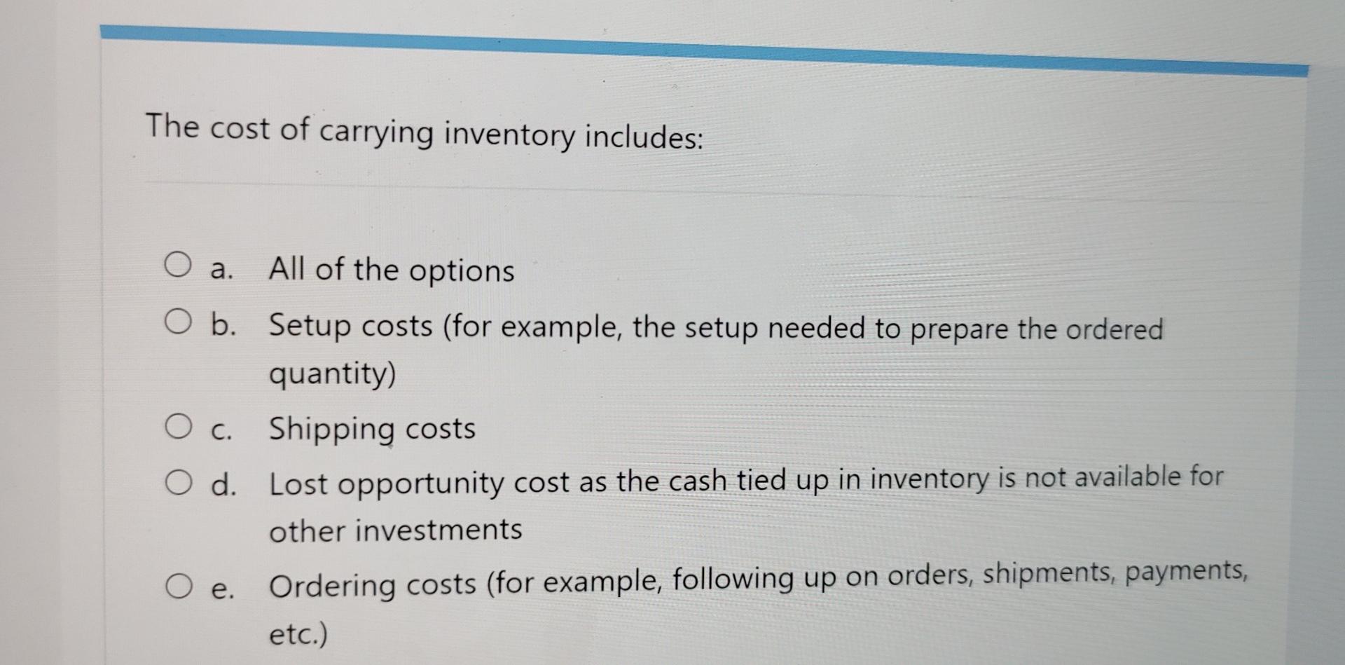 Solved The cost of carrying inventory includes: a. All of | Chegg.com