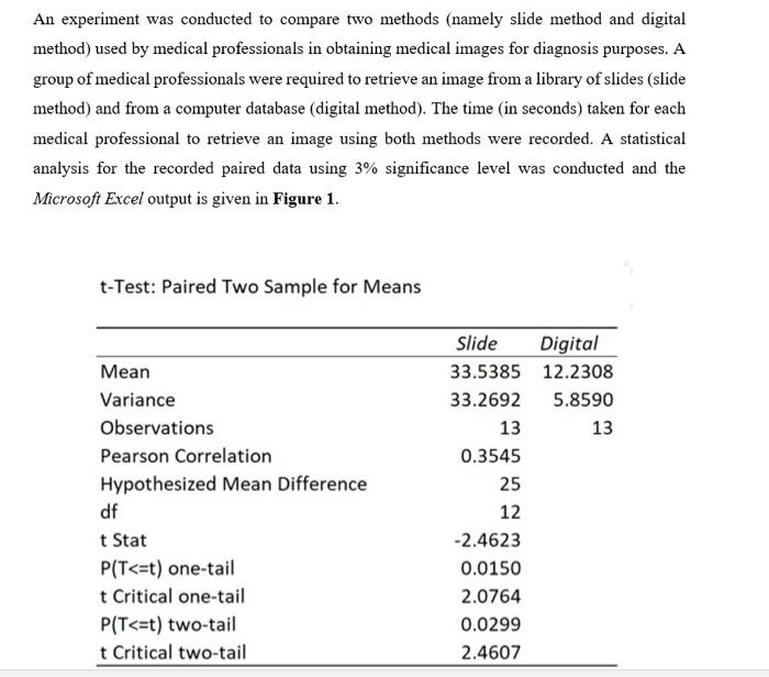 Solved An experiment was conducted to compare two methods | Chegg.com