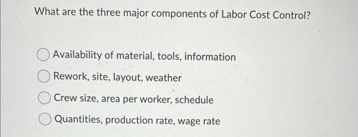 Solved What are the three major components of Labor Cost | Chegg.com