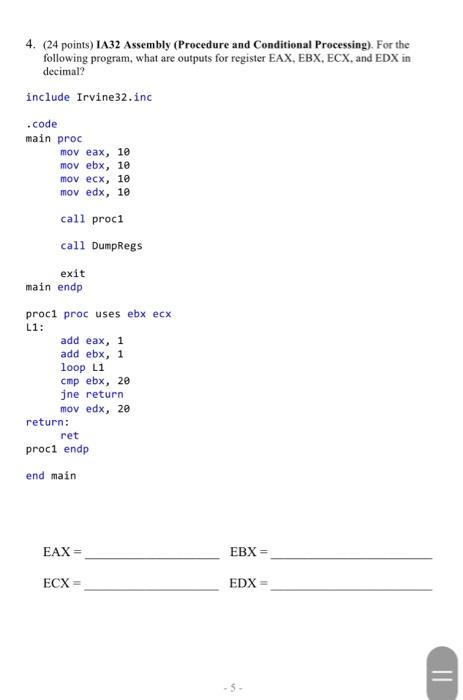 Solved 4. (24 points) IA32 Assembly (Procedure and | Chegg.com