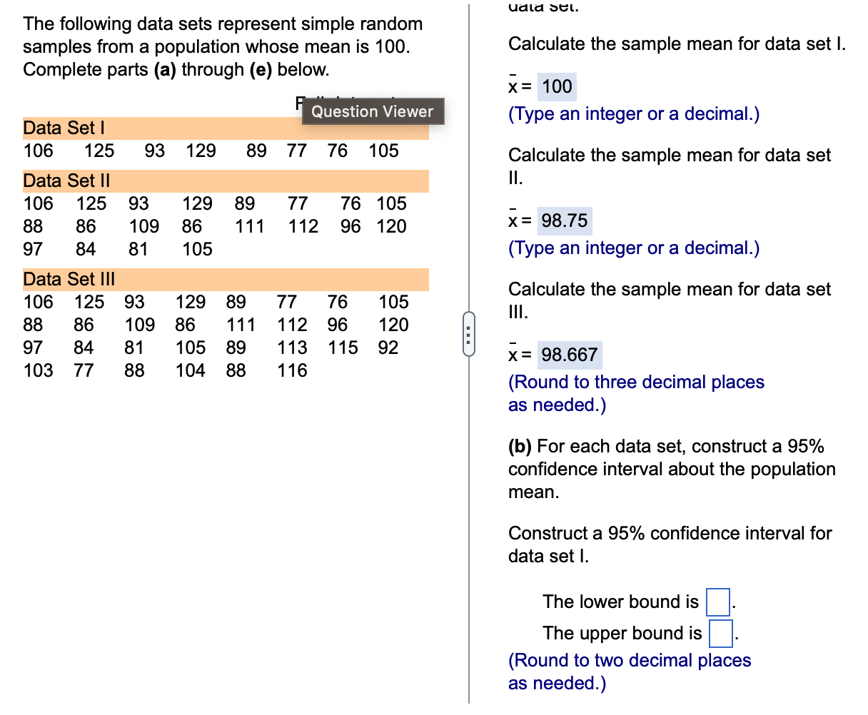 Solved The following data sets represent simple | Chegg.com