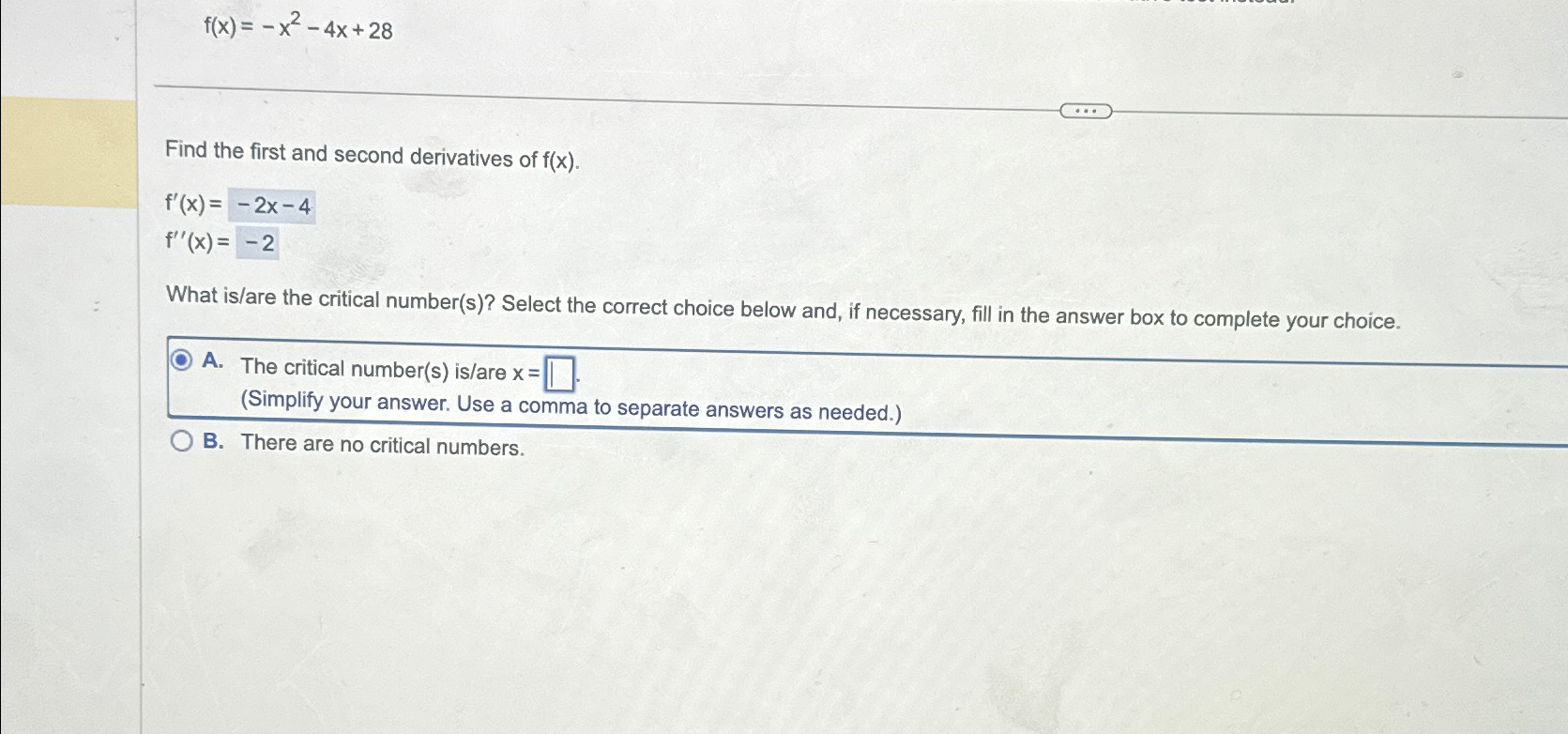 Solved f(x)=-x2-4x+28Find the first and second derivatives | Chegg.com