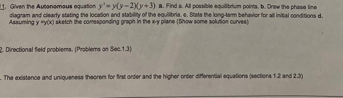 Solved 1. Given the Autonomous equation y′=y(y−2)(y+3) a. | Chegg.com