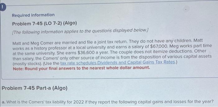 Solved Required information Problem 7-45 (LO 7-2) (Algo) | Chegg.com