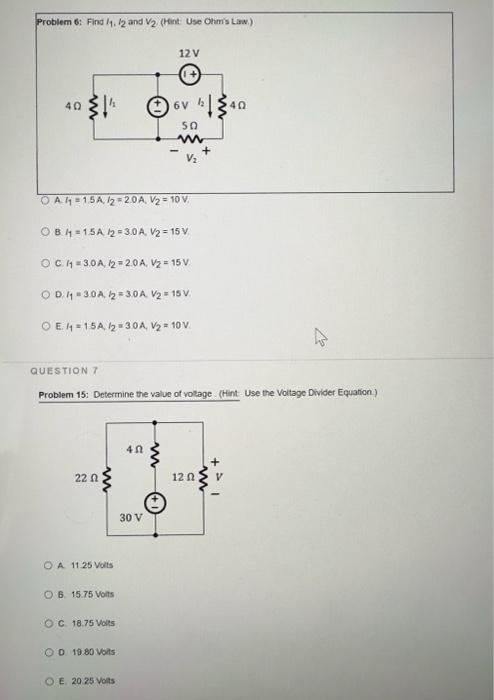 Solved Problem 6: Find l1,l2 and V2, (Hint Use Ohm's Law) | Chegg.com