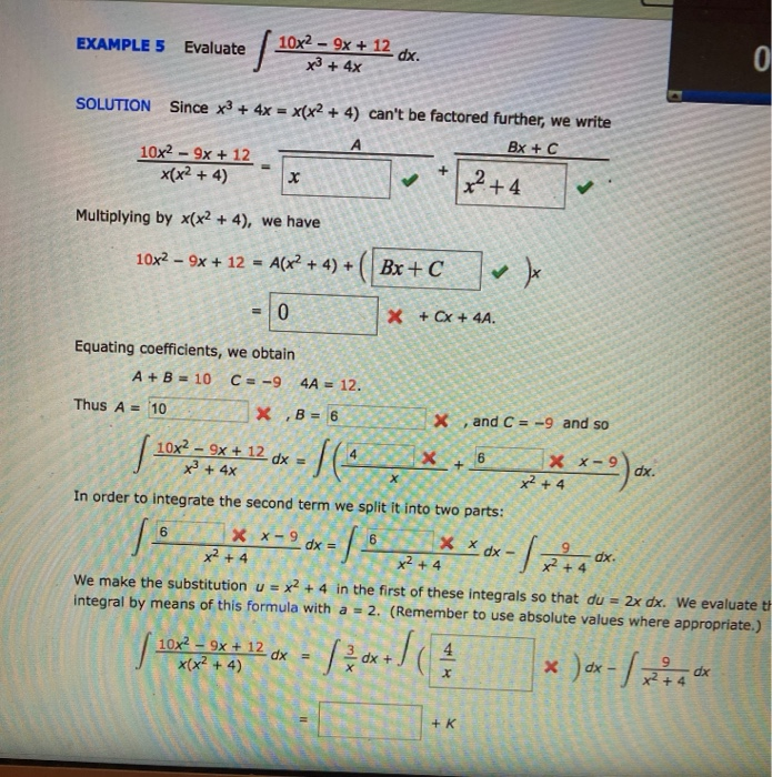 Solved EXAMPLE 5 Evaluate 110 10x2 - 9x + 12 x3 + 4x dx. OD | Chegg.com