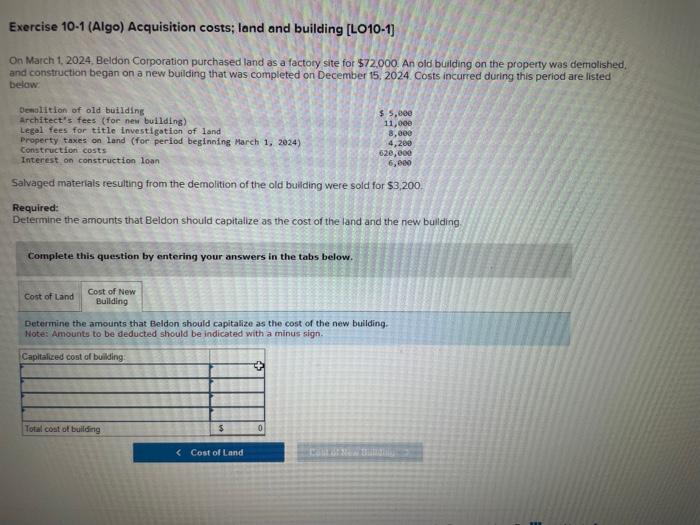 Solved Exercise 10-1 (Algo) Acquisition costs; land and | Chegg.com