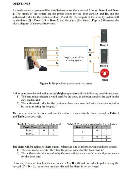 QUESTION 3 A simple security system will be installed | Chegg.com