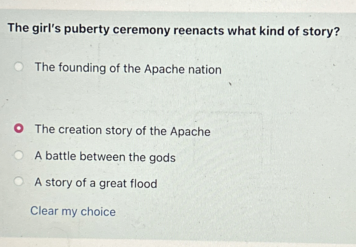 Solved The girl's puberty ceremony reenacts what kind of | Chegg.com