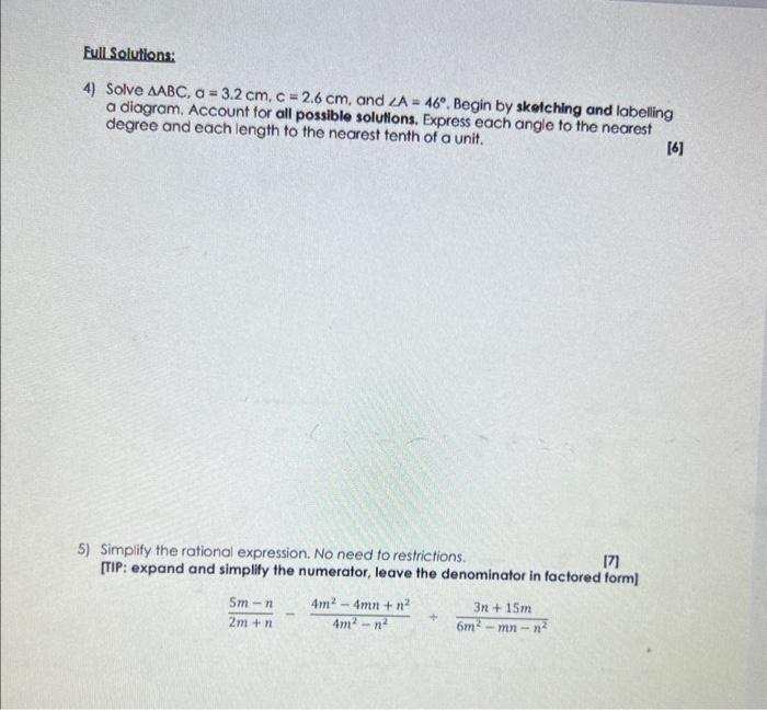 4) Solve \\( \\triangle \\mathrm{ABC}, | Chegg.com