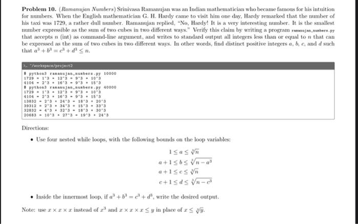 Solved Problem 10. (Ramanujan Numbers) Srinivasa Ramamjan | Chegg.com