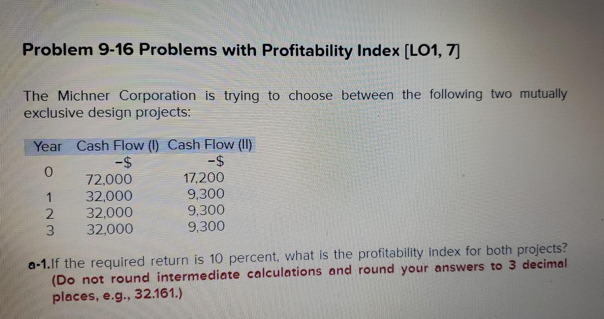 Solved Problem 9-16 Problems with Profitability Index [LO1, | Chegg.com