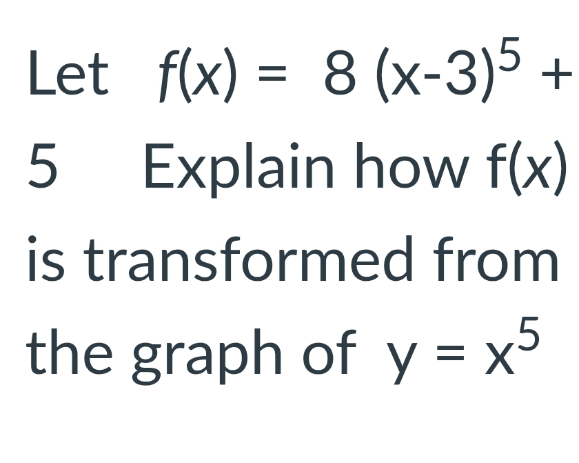 Let f(x)=8(x-3)5+ 5 ﻿Explain how f(x) ﻿is transformed | Chegg.com