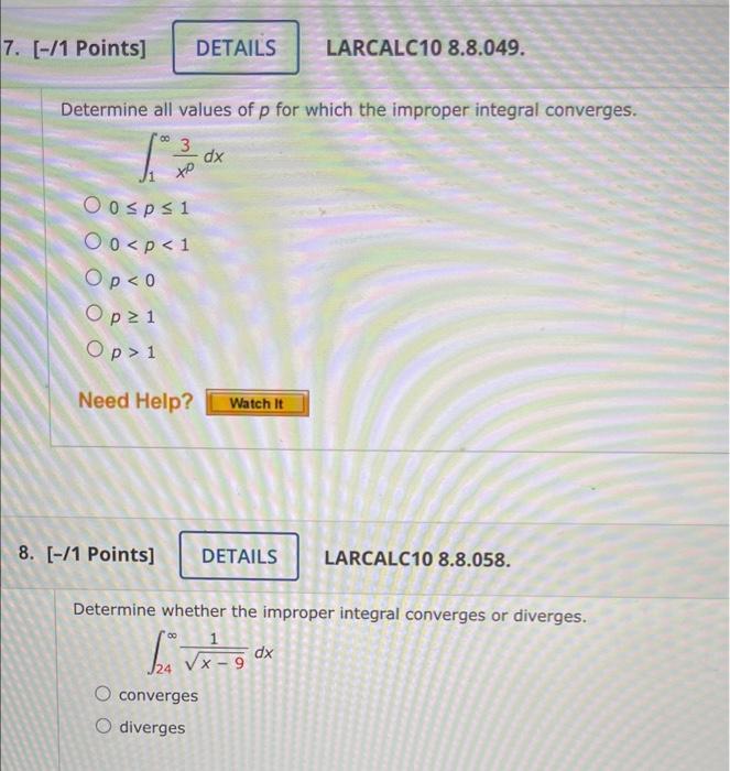 Solved Determine all values of p for which the improper | Chegg.com