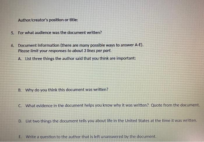 Document Analysis Worksheet 1. Type of document | Chegg.com