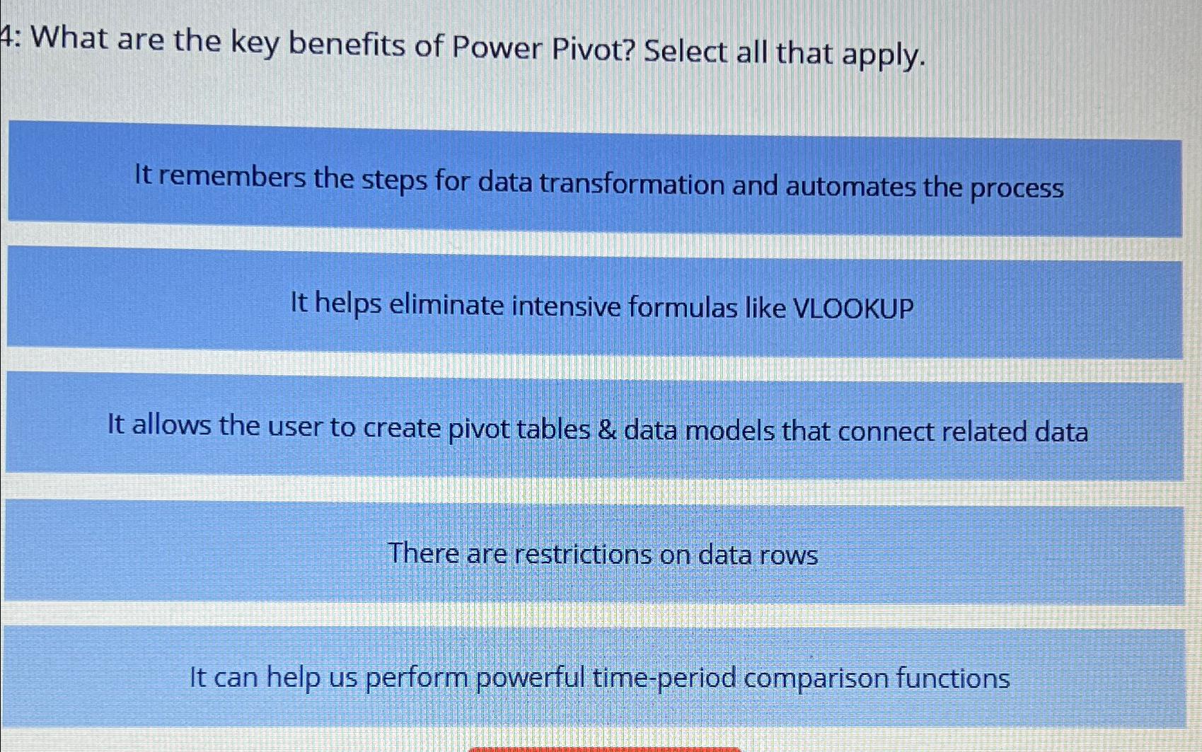Solved 4: What are the key benefits of Power Pivot? Select | Chegg.com
