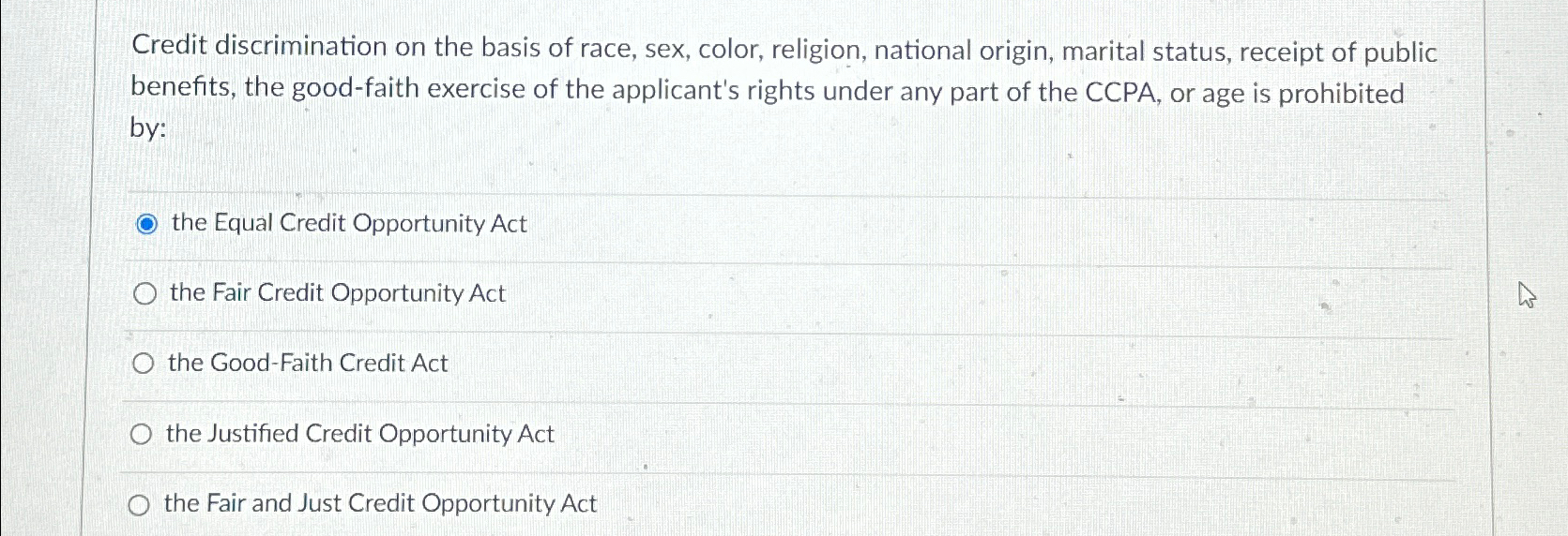Solved Credit discrimination on the basis of race, sex, | Chegg.com