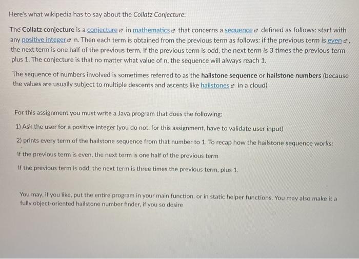 Solved Here's what wikipedia has to say about the Collatz | Chegg.com