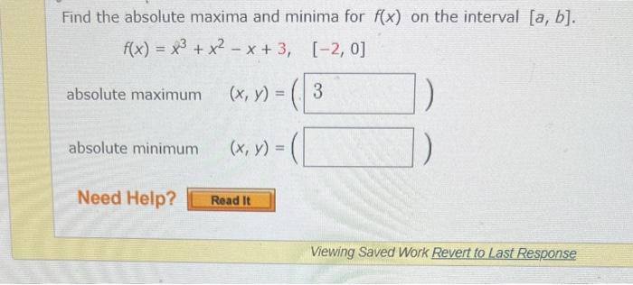 Solved Find the absolute maxima and minima for f(x) on the | Chegg.com