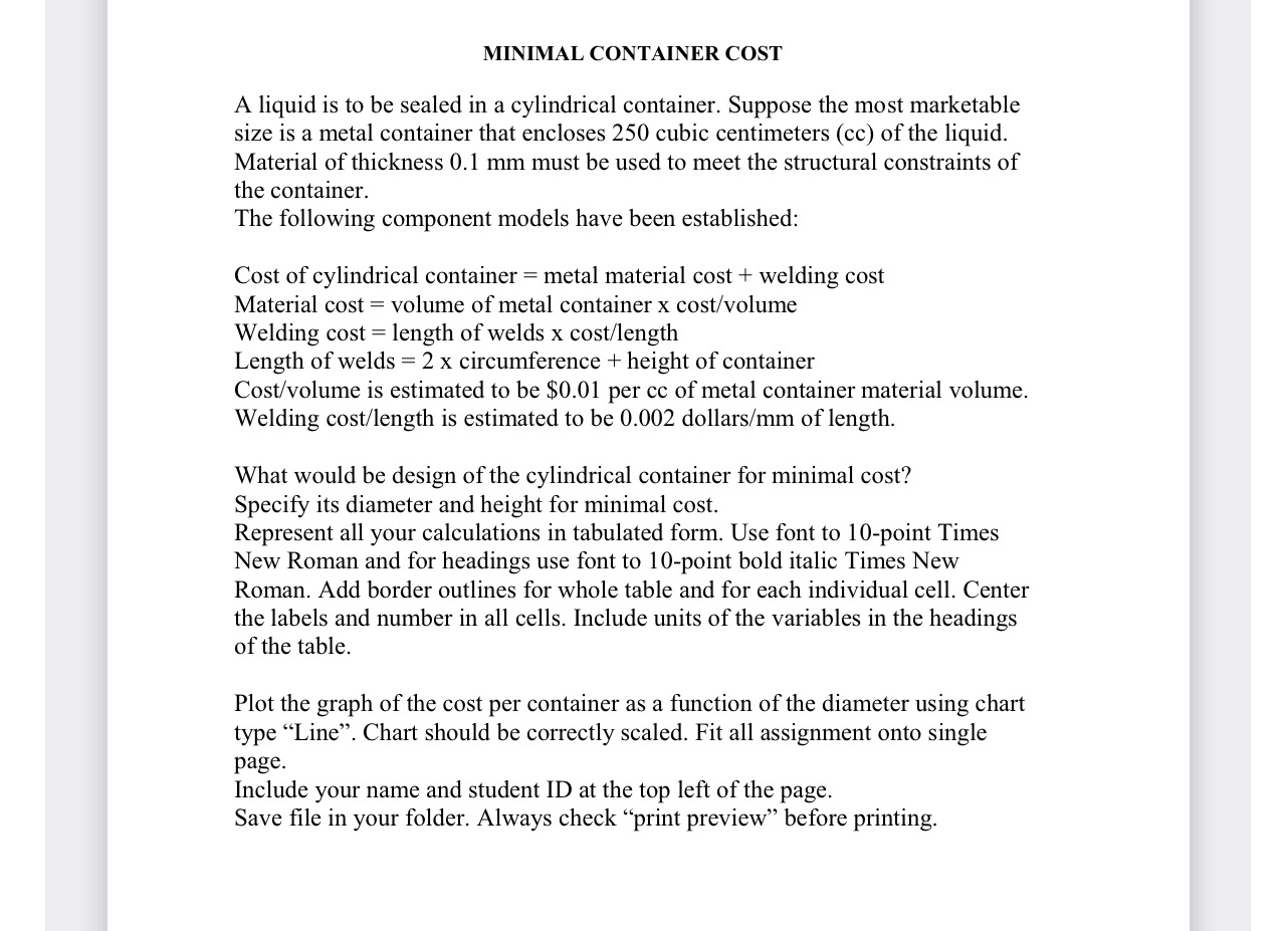 Solved Steps for MINIMAL CONTAINER COSTA liquid is to be | Chegg.com