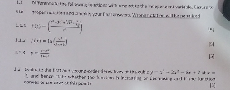 Solved 1.1 ﻿Differentiate the following functions with | Chegg.com