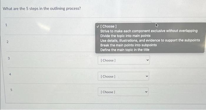 Solved What are the 5 steps in the outlining process? 1 | Chegg.com