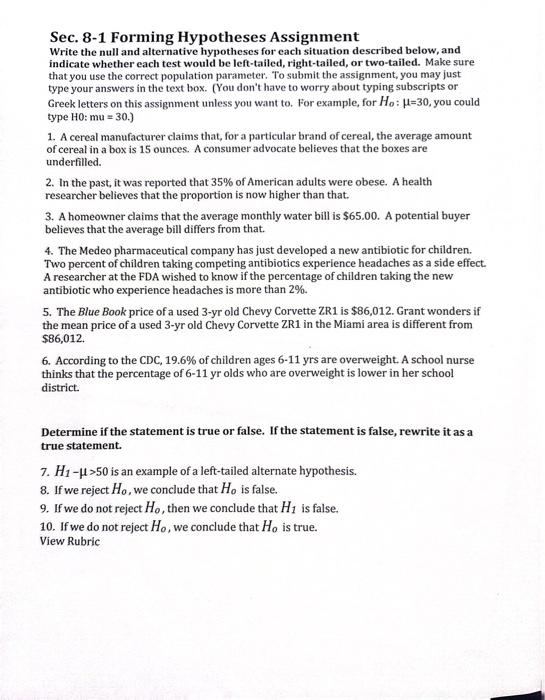 Solved Sec. 8-1 Forming Hypotheses Assignment Write the null | Chegg.com