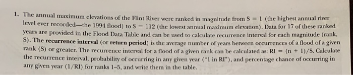 Solved Flood Data Table Recurrence Intervals for Selected, | Chegg.com