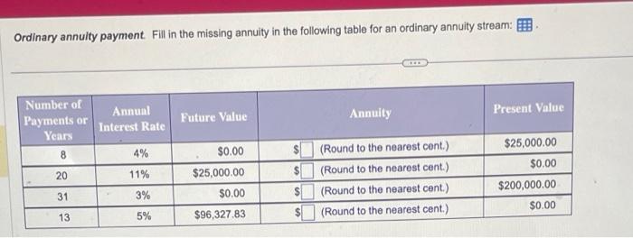Solved Ordinary annuity payment. Fill in the missing annuity | Chegg.com