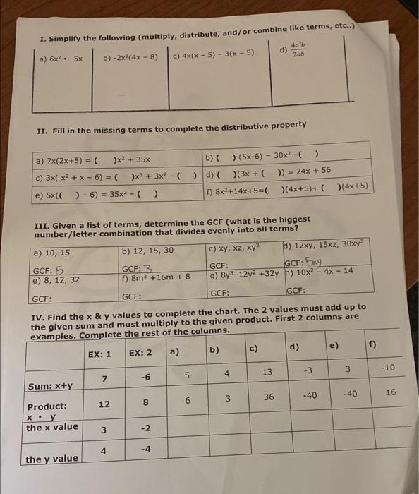 Solved I. Simplify the following (multiply, distribute, | Chegg.com