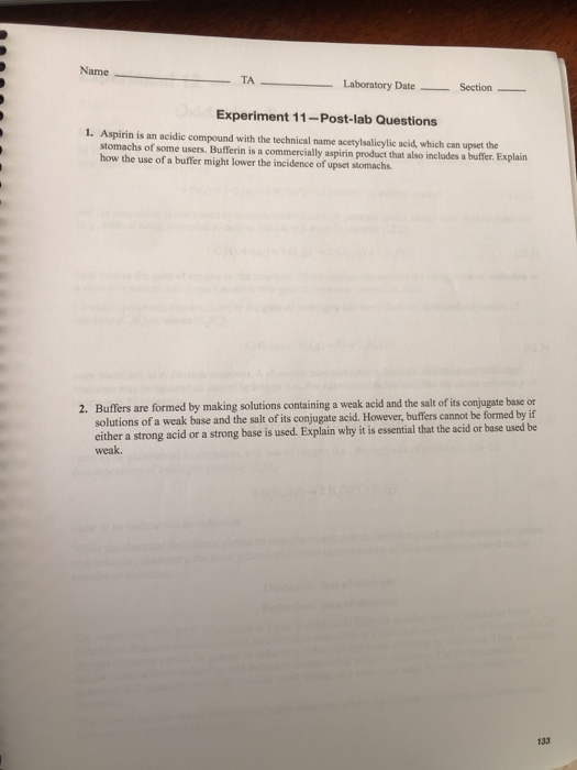 Solved Name Laboratory Date Section Experiment 11-Post-lab | Chegg.com