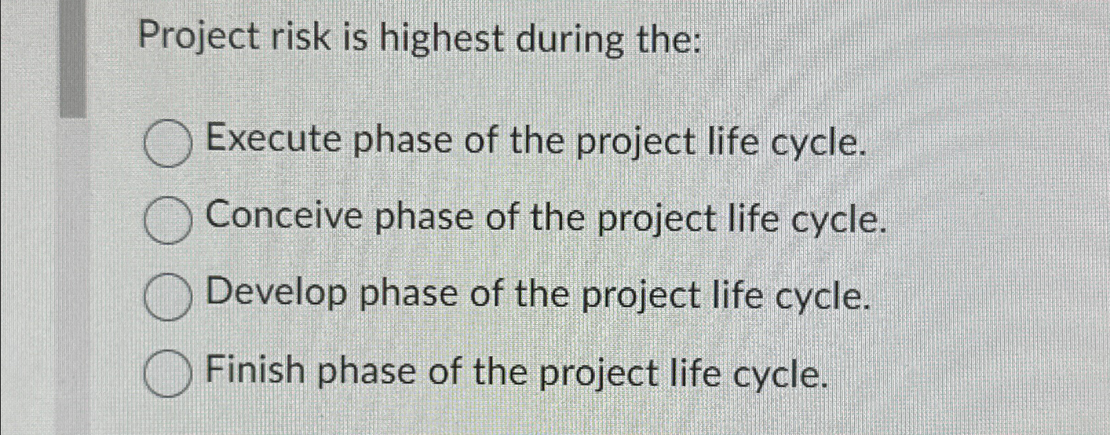 Solved Project risk is highest during the:Execute phase of | Chegg.com