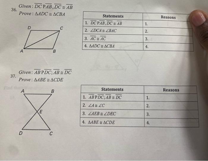 Solved 36. Given: DC PAB,DC AB Prove: AADC E ACBA Reasons | Chegg.com
