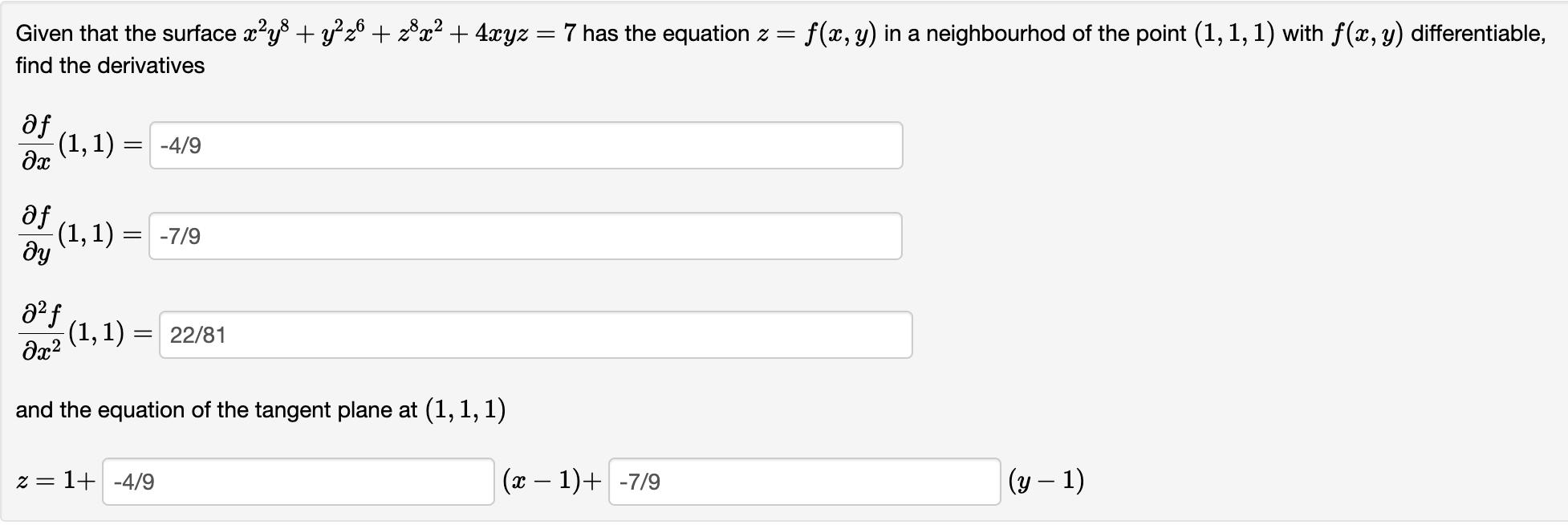 Solved Given that the surface x2y8+y2z6+z8x2+4xyz=7 ﻿has the | Chegg.com