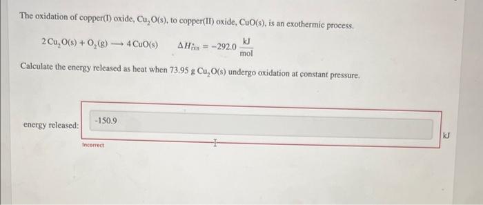 Solved The oxidation of copper(I) oxide, Cu2O(s), to | Chegg.com