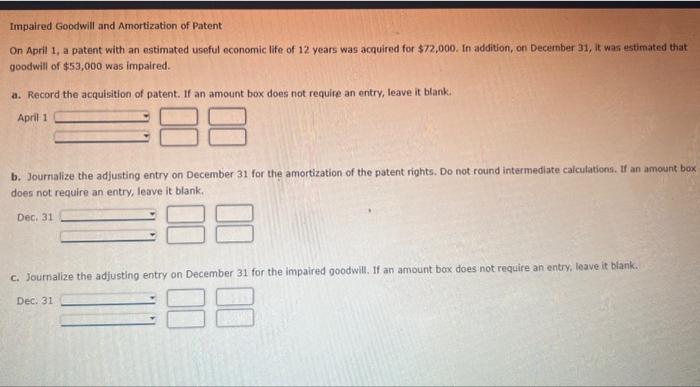 Solved Impaired Goodwill and Amortization of Patent On April | Chegg.com