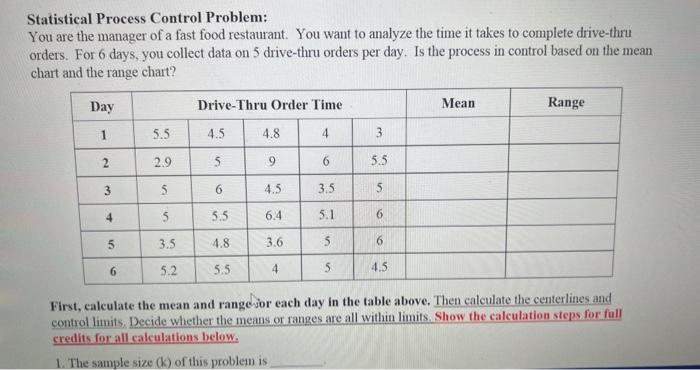 Solved Statistical Process Control Problem: You are the | Chegg.com