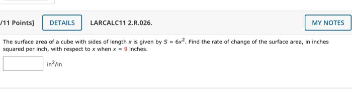 Solved The surface area of a cube with sides of length x is | Chegg.com