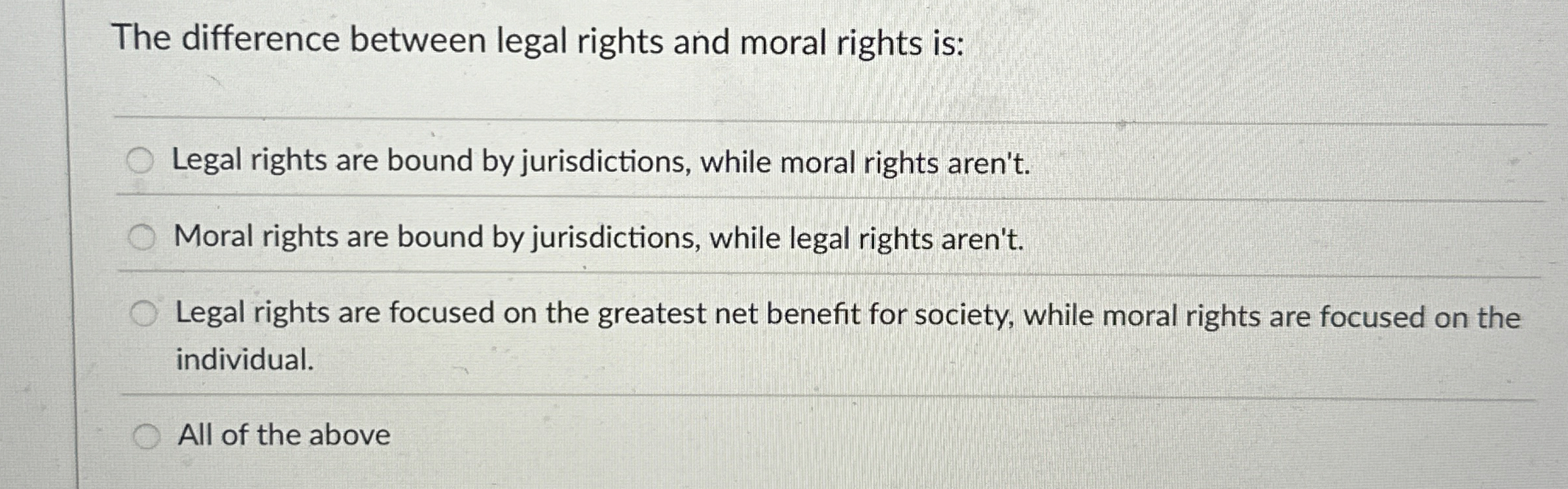Solved The difference between legal rights and moral rights | Chegg.com