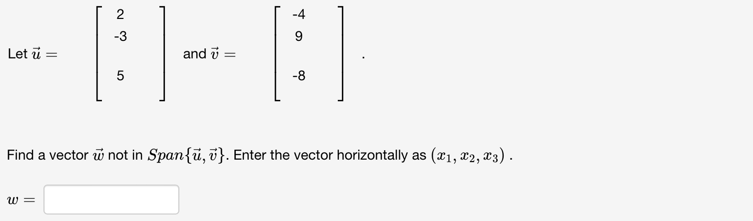Solved Let vec(u)=[2-35] ﻿and vec(v)=[-49-8].Find a vector | Chegg.com