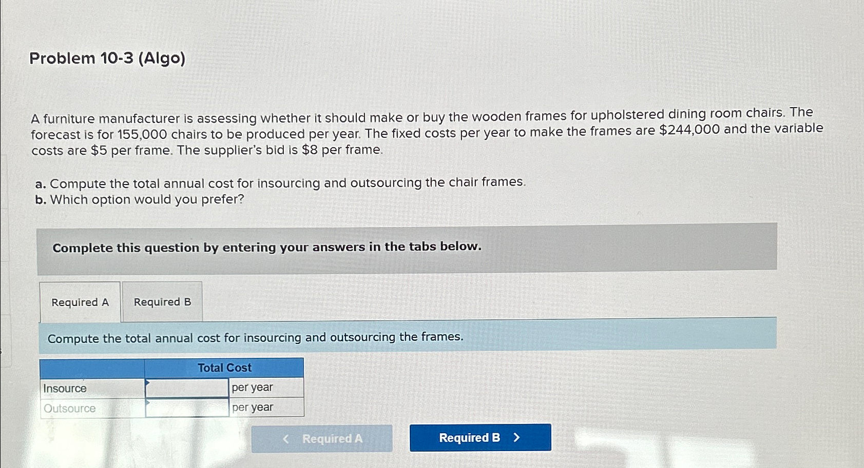Solved Problem 10-3 (Algo)A furniture manufacturer is | Chegg.com