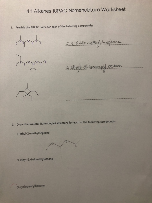 Solved 4.1 Alkanes IUPAC Nomenclature Worksheet 1. Provide | Chegg.com