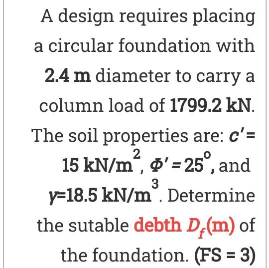 Solved A design requires placing a circular foundation with | Chegg.com