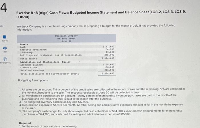 Solved Exercise 8-18 (Algo) Cash Flows; Budgeted Income | Chegg.com